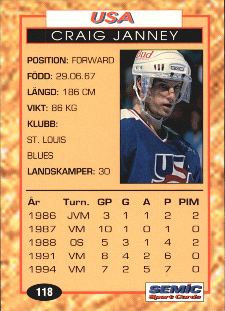 1995 Swedish Globe World Championships #118 Craig Janney - NM-MT