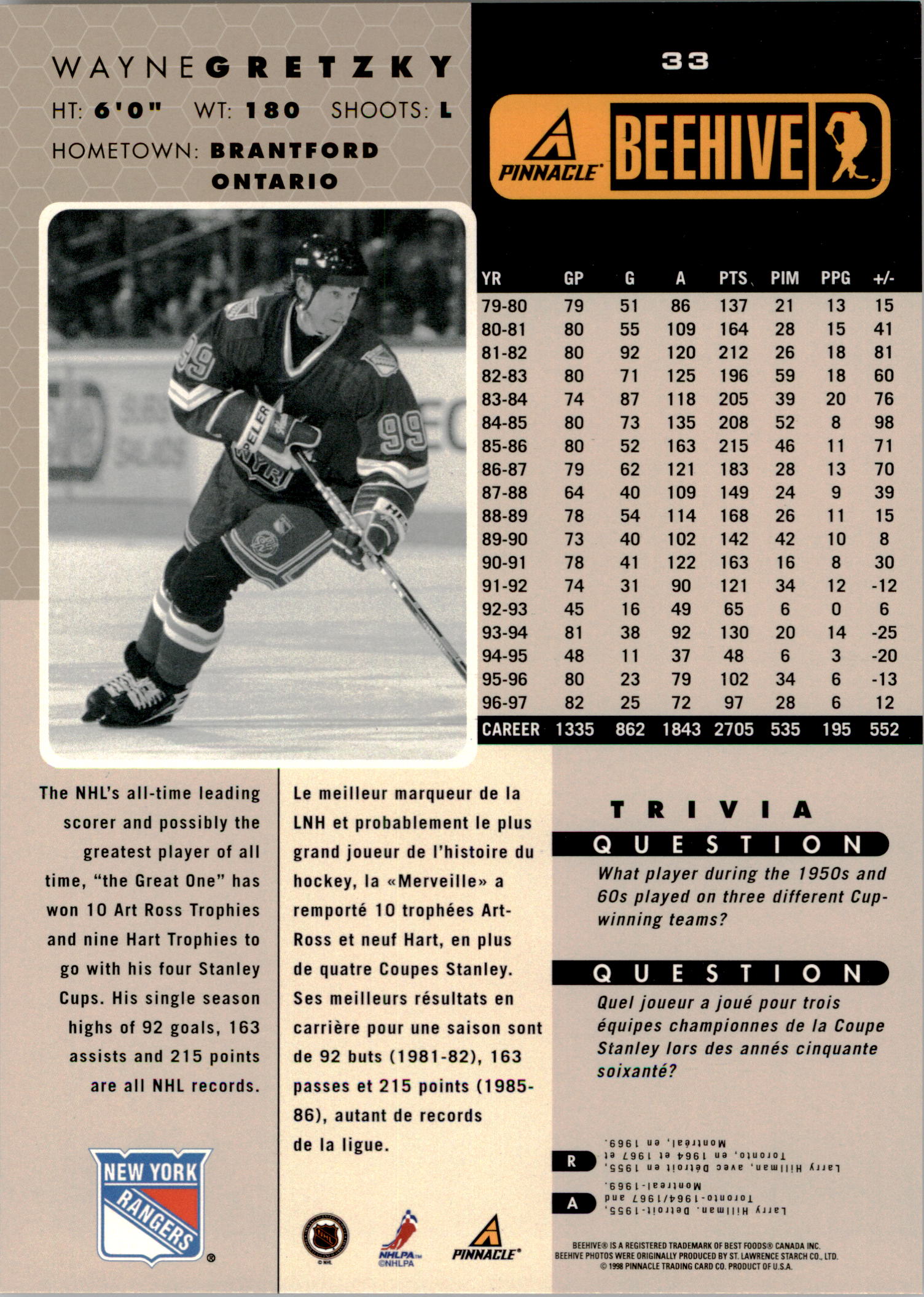 1997-98 Beehive Golden Portraits #33 Wayne Gretzky - NM-MT