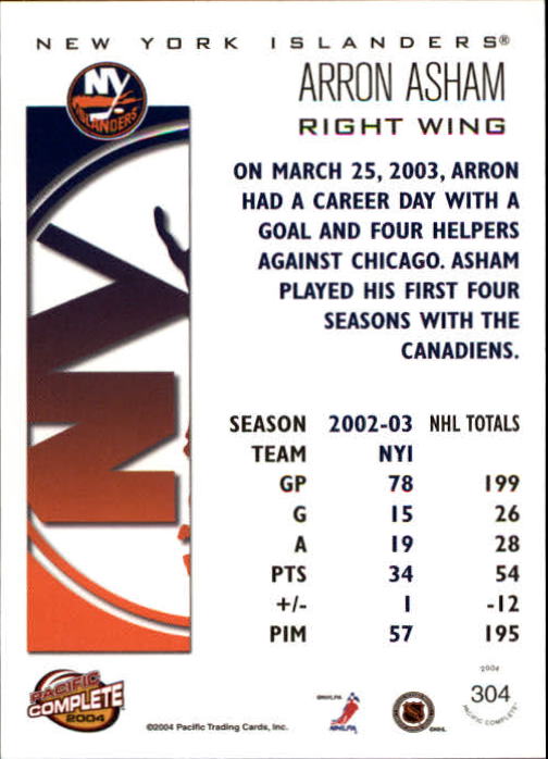 2003-04 Pacific Complete #304 Arron Asham - NM-MT - Burbank Sportscards ...