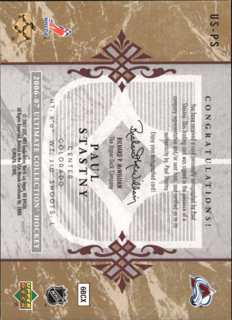 2006-07 Ultimate Collection Signatures #USPS Paul Stastny - - Autograph ...