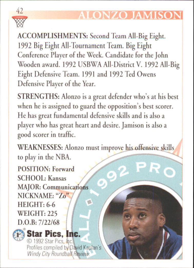 1992 Star Pics #42 Alonzo Jamison - NM-MT