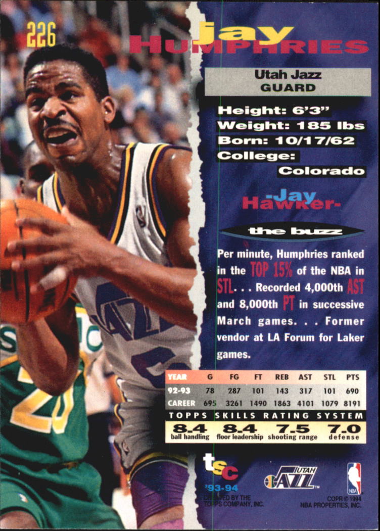 1993-94 Stadium Club Super Teams NBA Finals #226 Jay Humphries - NM-MT