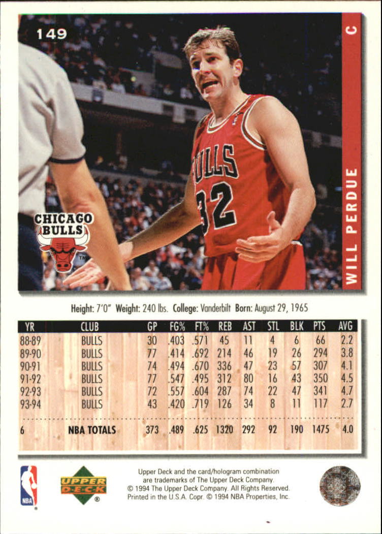 1994-95 Collector's Choice Gold Signature #149 Will Perdue - NM-MT