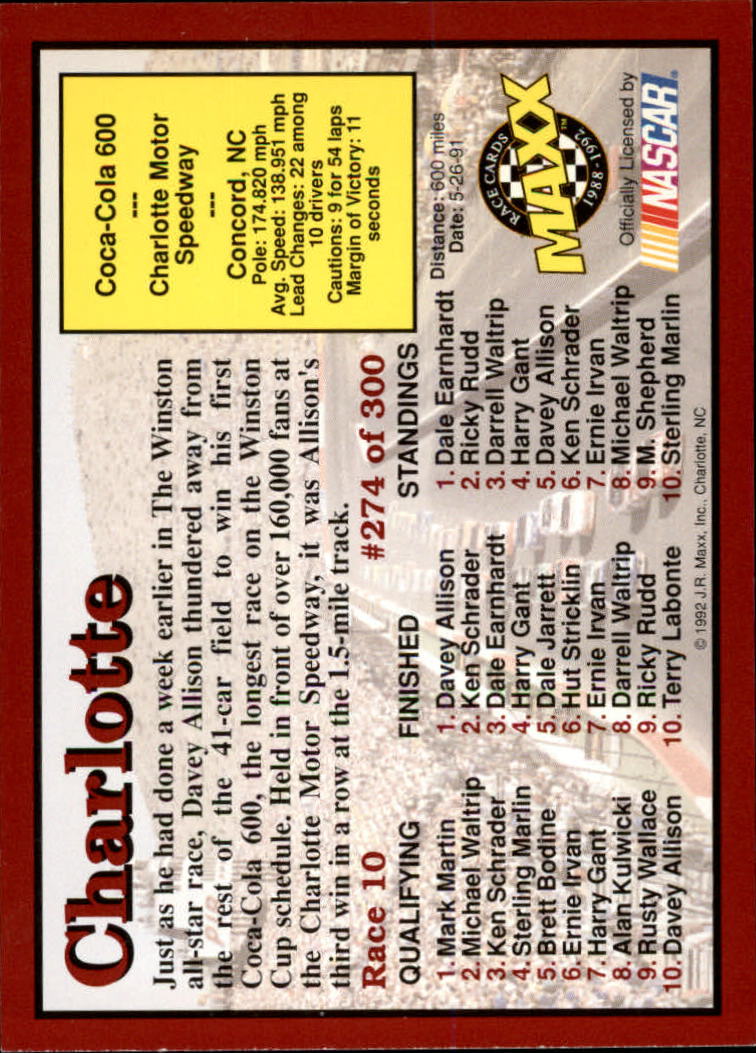 1992 Maxx Red #274 Davey Allison/Deborah Allison/Year in Review RC - NM ...
