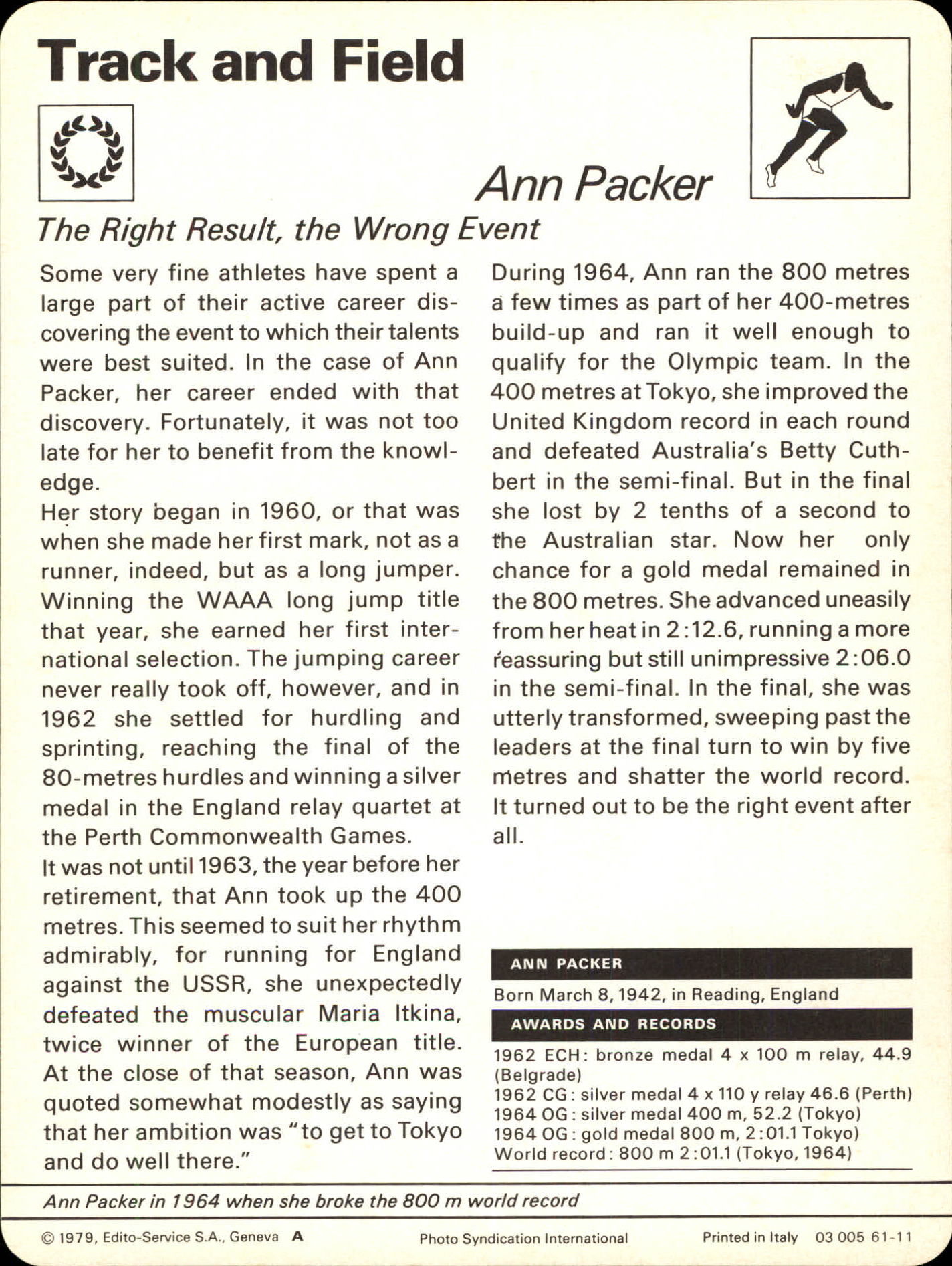 1977-79 Sportscaster Series 61 #6111 Ann Packer - . Oversized. - NM-MT