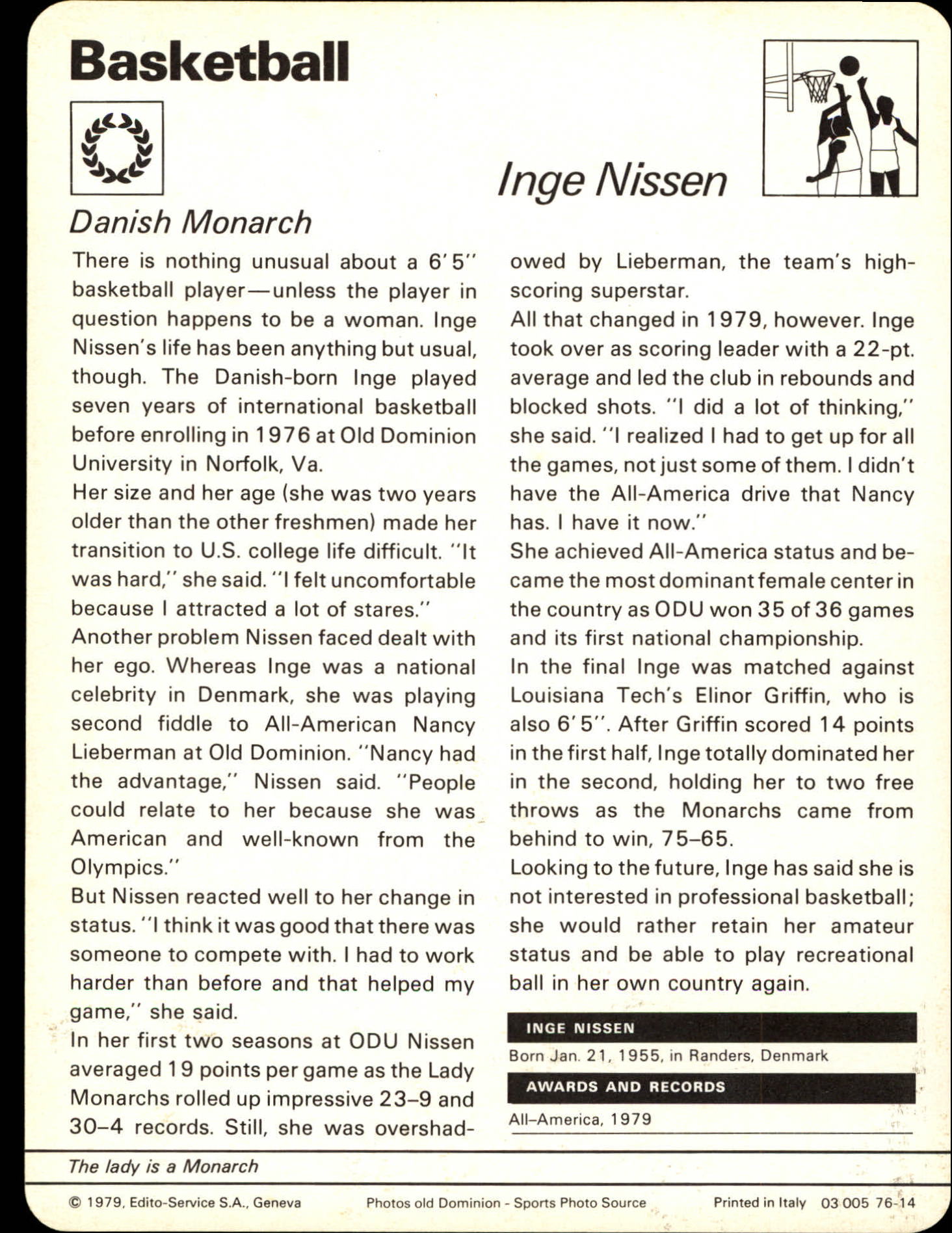 1977-79 Sportscaster Series 76 #7614 Inge Nissen - . Oversized. - NM-MT