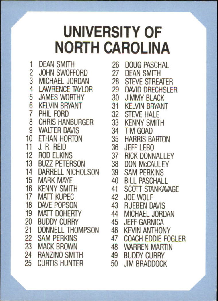 1990-91 North Carolina Collegiate Collection #100 Checklist Card 1-99 ...