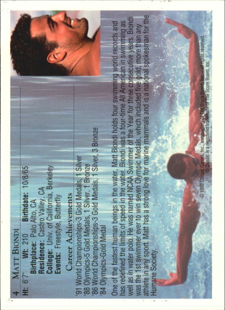 1992 Classic World Class Athletes #4 Matt Biondi/Swimming - NM-MT