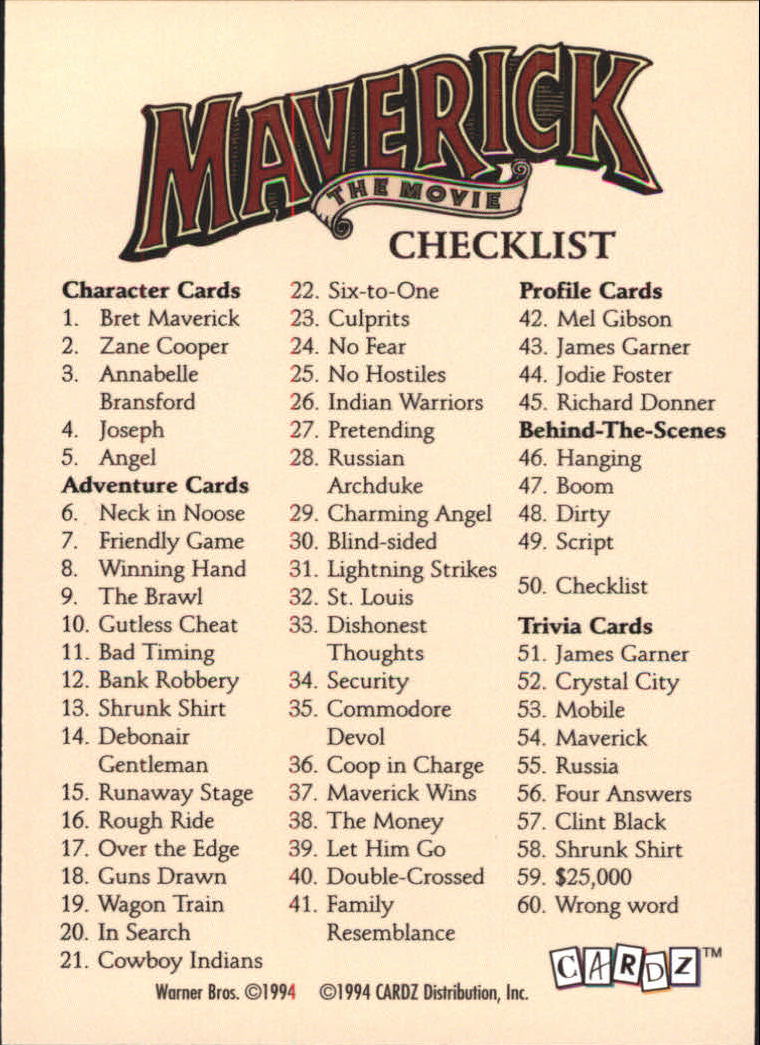 1995 Cardz Maverick The Movie #50 Checklist - NM-MT