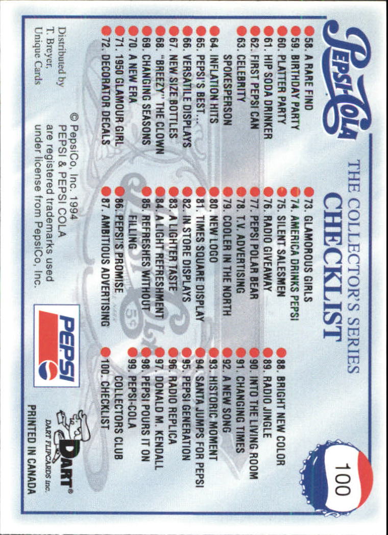 1994 Pepsi Cola Series One #100 Collector's Series Checklist - NM-MT