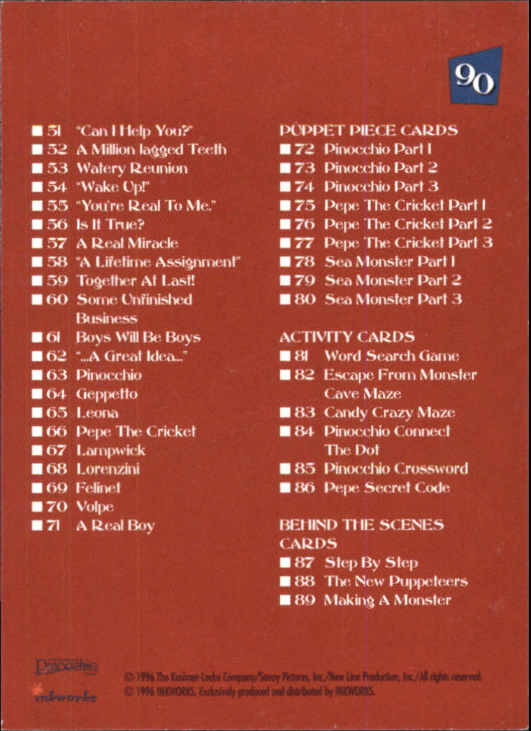 1996 Inkworks Adventures of Pinocchio #90 Checklist - NM-MT