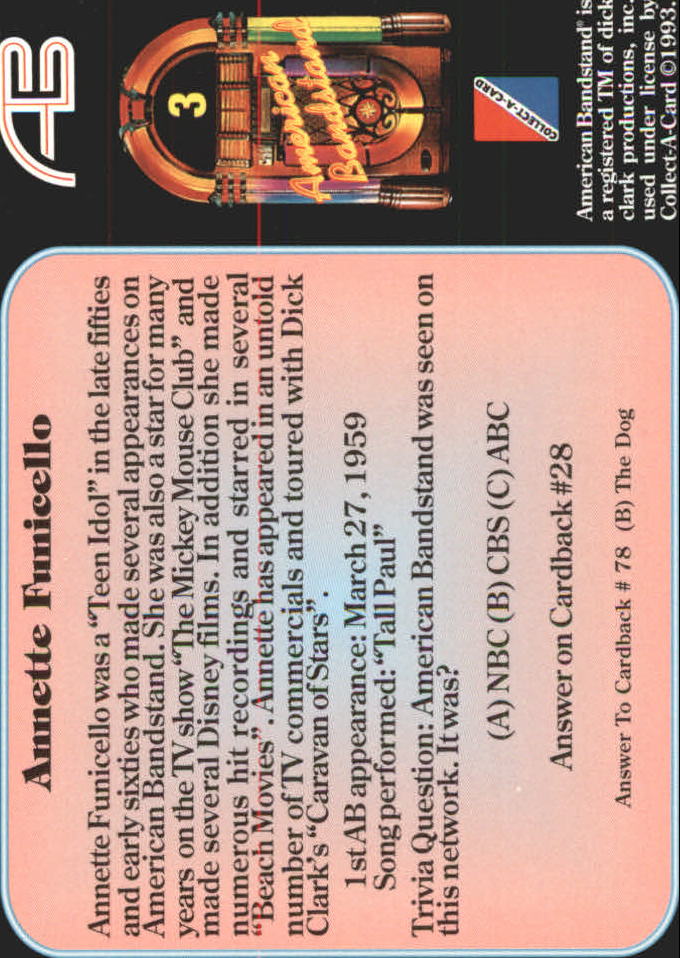1993 Collect-A-Card American Bandstand #3 Annette Funicello - NM-MT