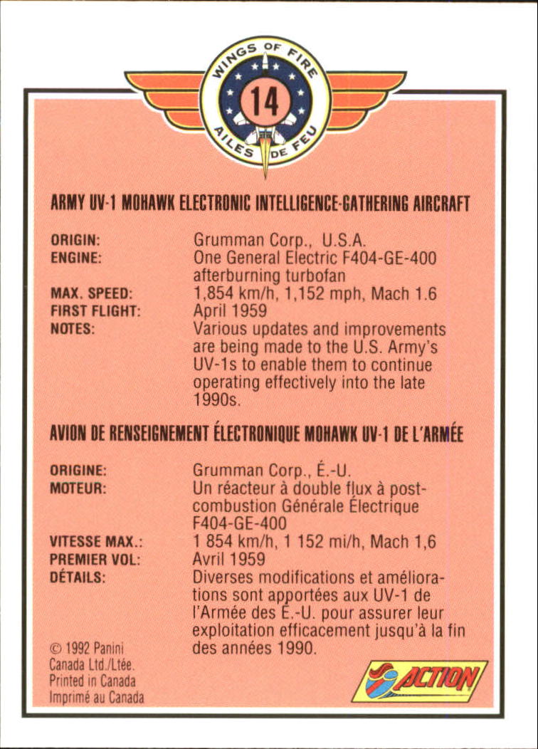 1992 Panini Wings of Fire #14 Army UV-1 Mohawk Electronic Intelligence ...