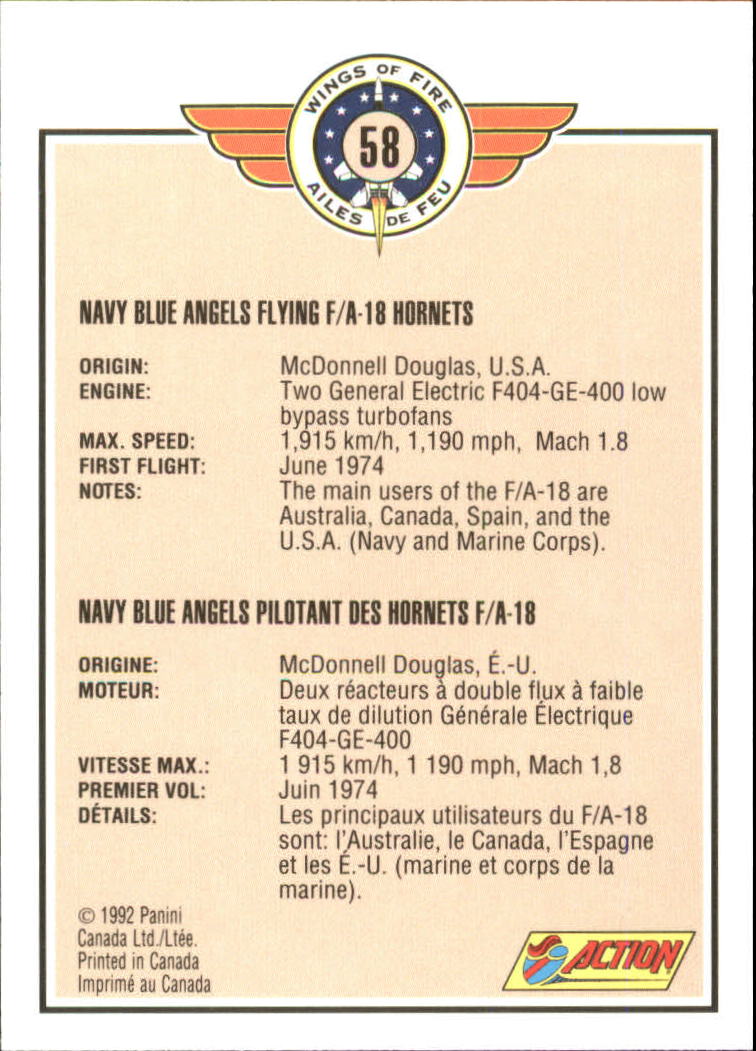 1992 Panini Wings of Fire #58 Navy Blue Angels Flying F/A-18 Hornets ...