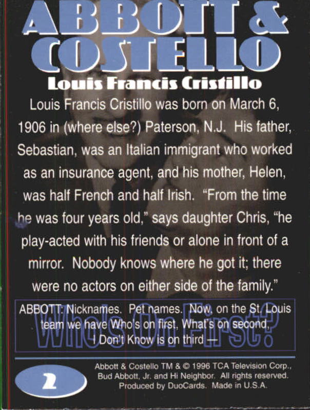 1996 DuoCards Abbott and Costello #2 Louis Francis Cristillo - NM-MT