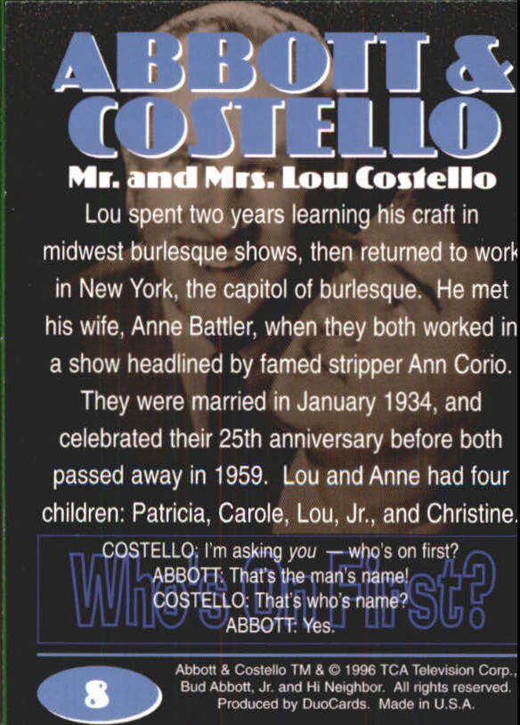 1996 DuoCards Abbott and Costello #8 Mr. and Mrs. Lou Costello - A6182 ...