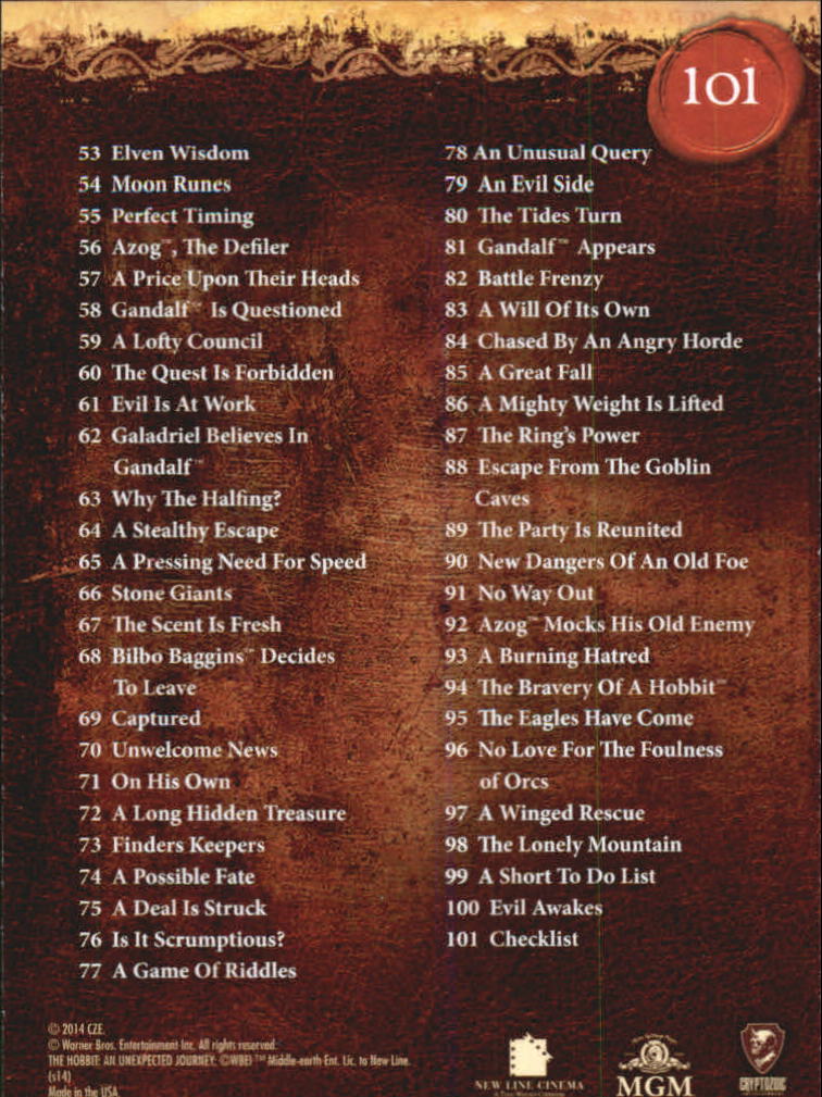 2014 Cryptozoic The Hobbit An Unexpected Journey #101 Checklist - NM-MT