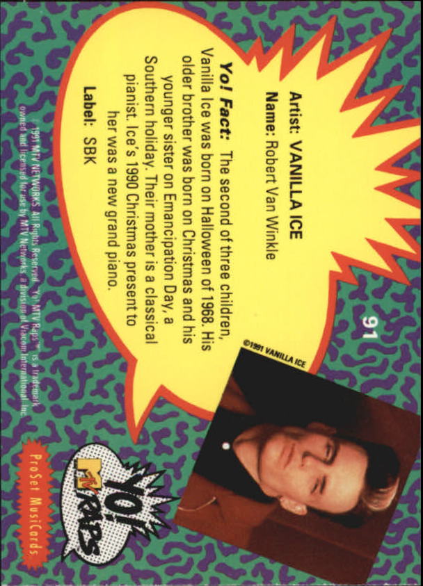 1991 Pro Set YO! MTV Raps Complete Series #91 Vanilla Ice - NM-MT - Jim ...