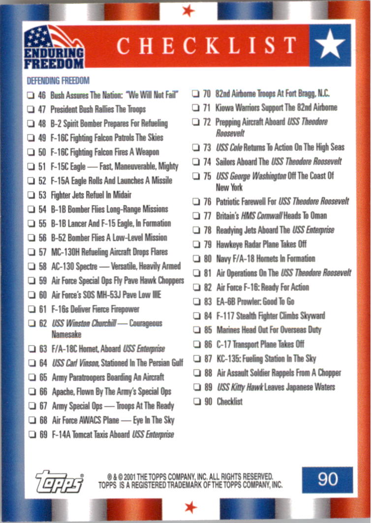 2001 Topps Enduring Freedom #90 Checklist - A6883 - NM-MT
