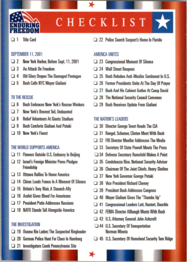 2001 Topps Enduring Freedom #90 Checklist - A6883 - NM-MT