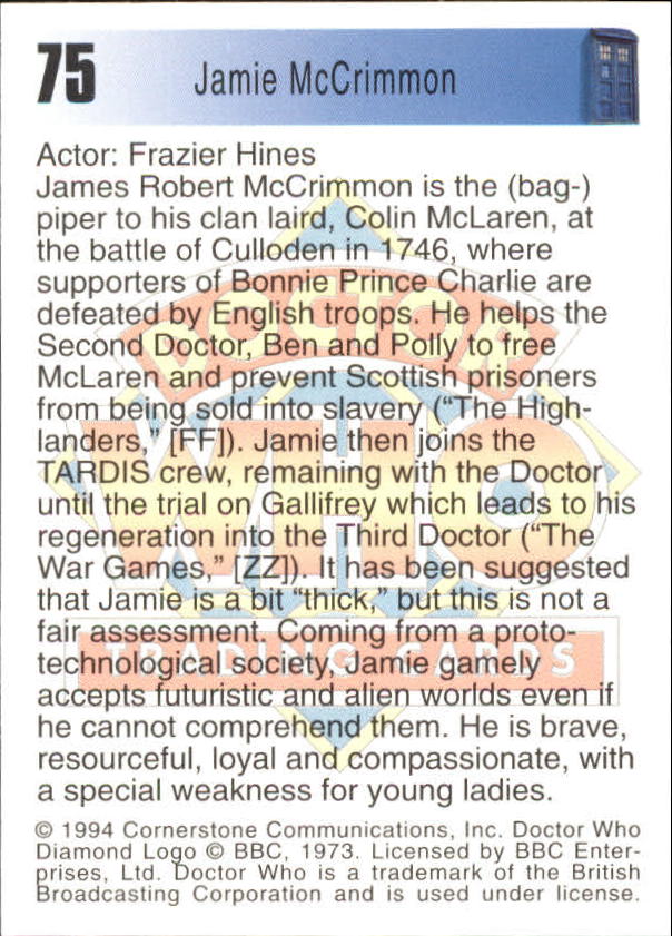 1994 Cornerstone Doctor Who Series One #75 Jamie McCrimmon - NM-MT