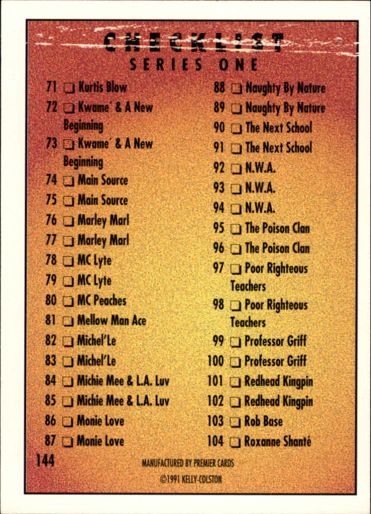 1991 Rap Pack #144 Checklist - NM-MT