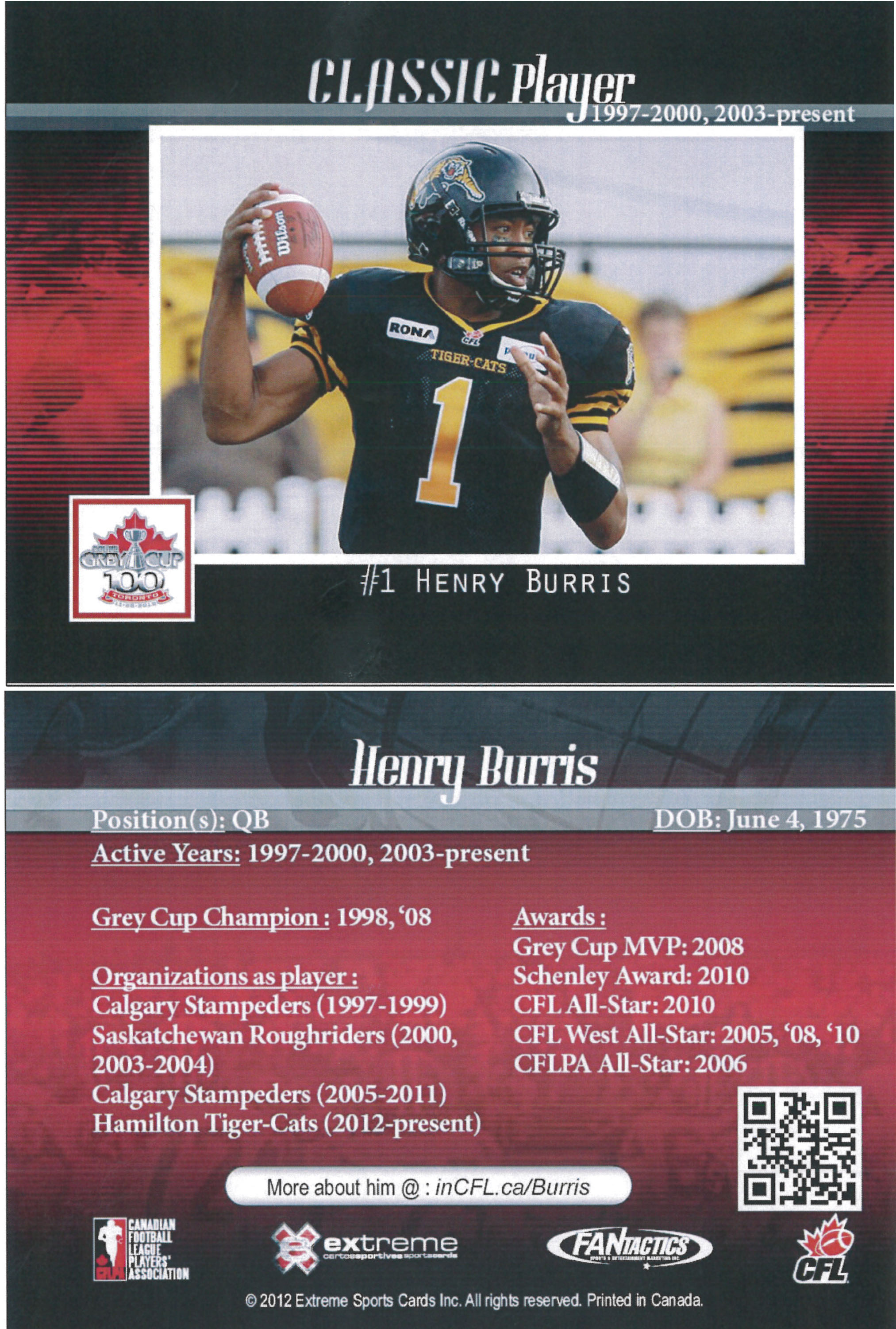 Henry Burris - Classic player (Front & Back) - Beckett News