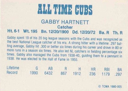 1980 Cubs Greats TCMA Checklist and Baseball Card Details