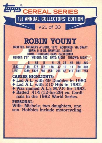 1984 Topps Cereal Baseball Checklist, Details, Team Info