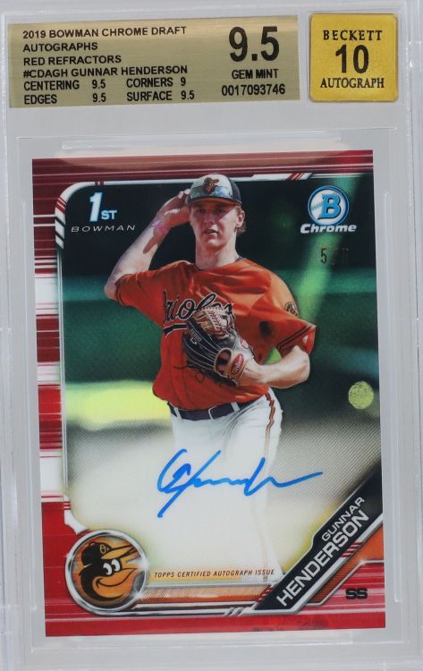 Gunnar Henderson 2019 Bowman Chrome Auto Red Refractor Values over $48,000 - Beckett News